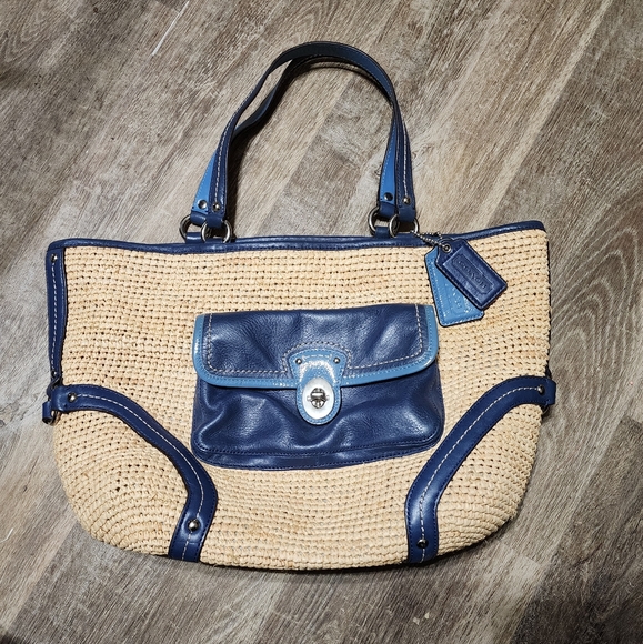 Coach | Bags | Coach Straw And Navy Purse | Poshmark